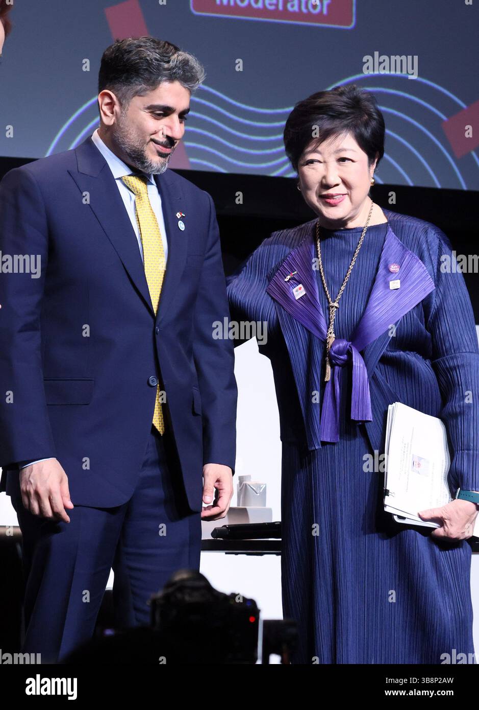 Tokyo, Japan. 8th May, 2025. Tokyo Govedrnor Yuriko Koike (R) shares smiles with UAE's Abu Dhabi ...