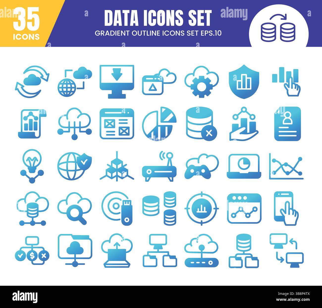 Database icons set, 35 universal icons set, data analysis, statistics ...