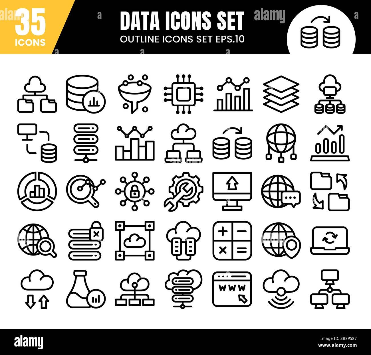 Database icons set, 35 universal icons set, data analysis, statistics ...
