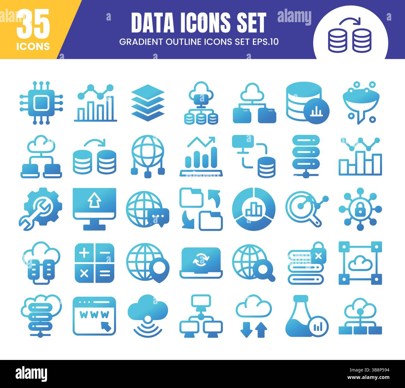 Database icons set, 35 universal icons set, data analysis, statistics, analytics web signs ...