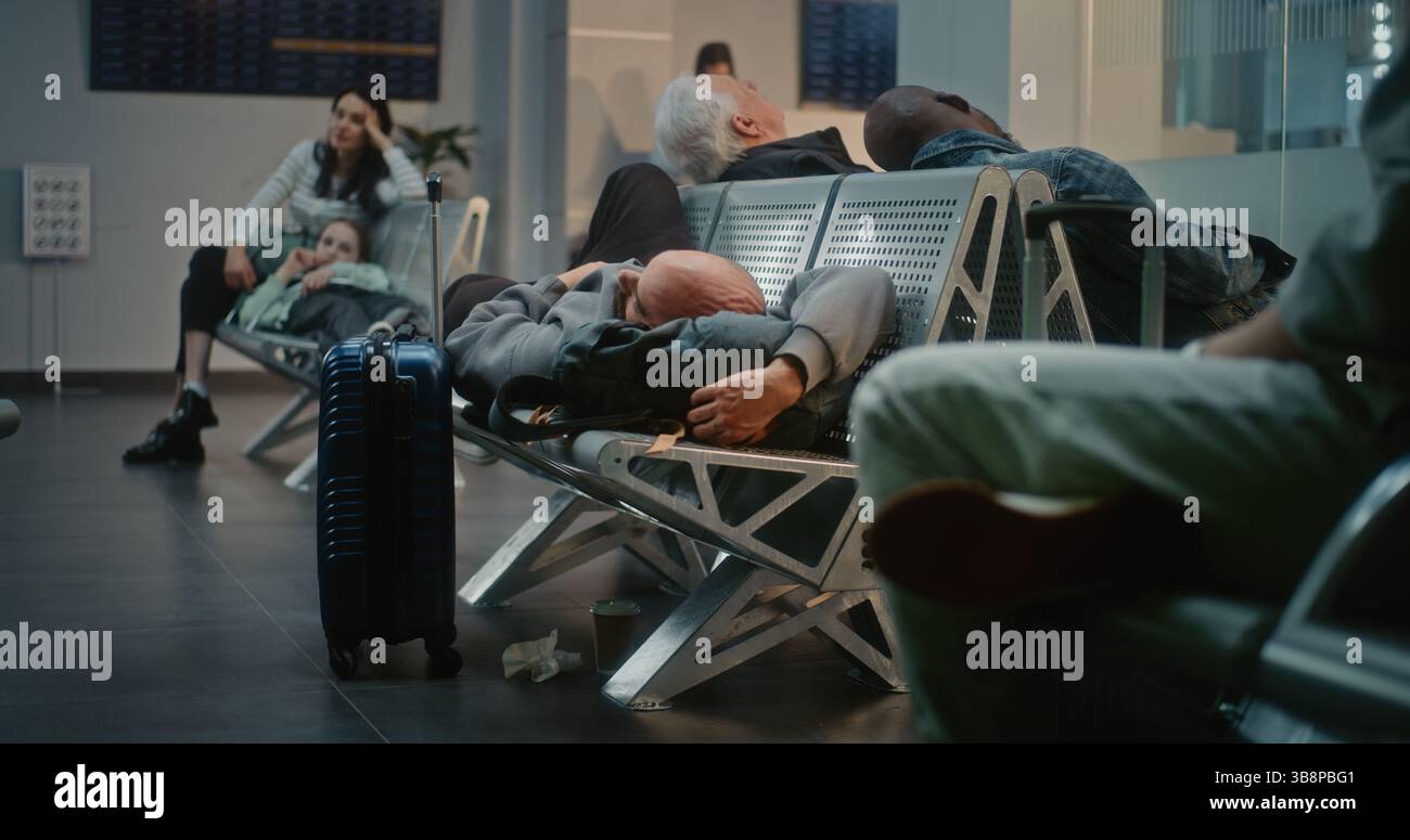 Crowded International Airport Terminal: Exhausted Man with Luggage ...