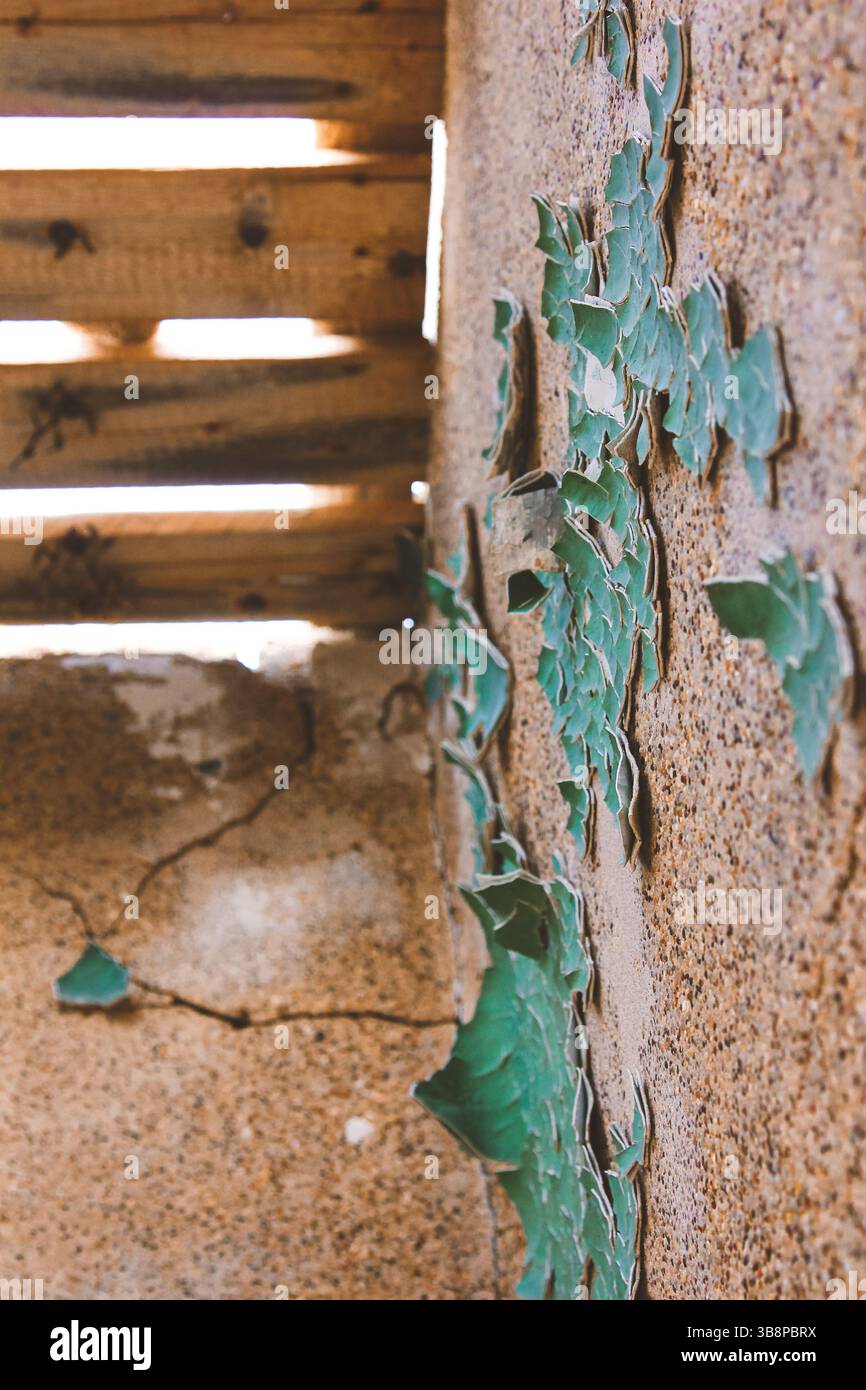 Old interior walls of derelict building interiors with wooden details ...