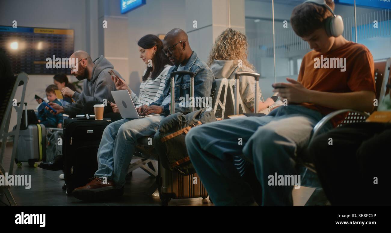 Crowded International Airport Terminal: Diverse Passengers Sitting in ...