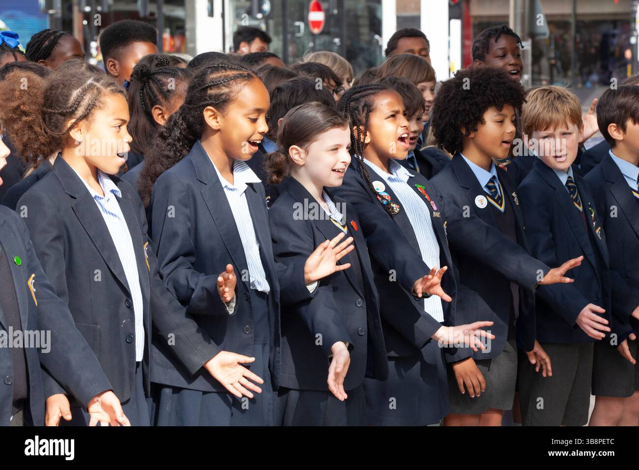 London, UK. 8th May, 2025. On the 80th anniversary of VE Day, children from Corpus Christi ...