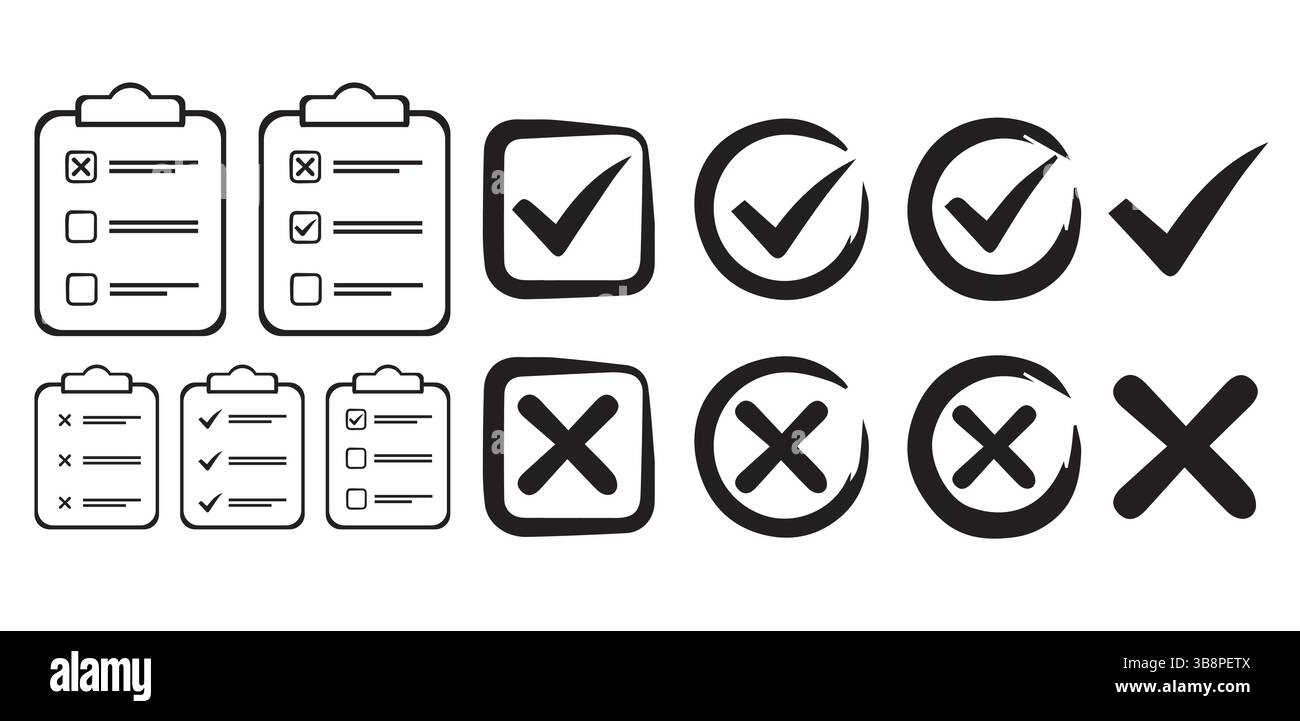 Black and White Checklist and Cross Icons Set , Minimalist Vector ...