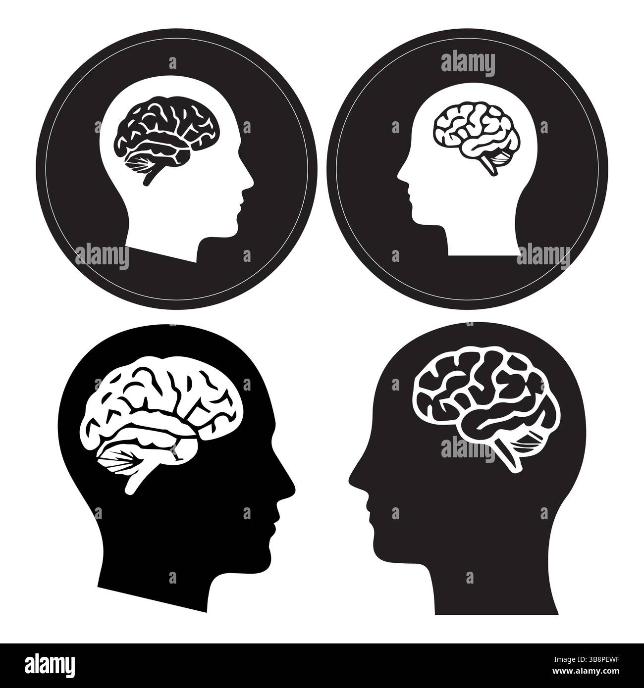 Human Brain Icon Set , Black and White Head Silhouettes with Brain ...