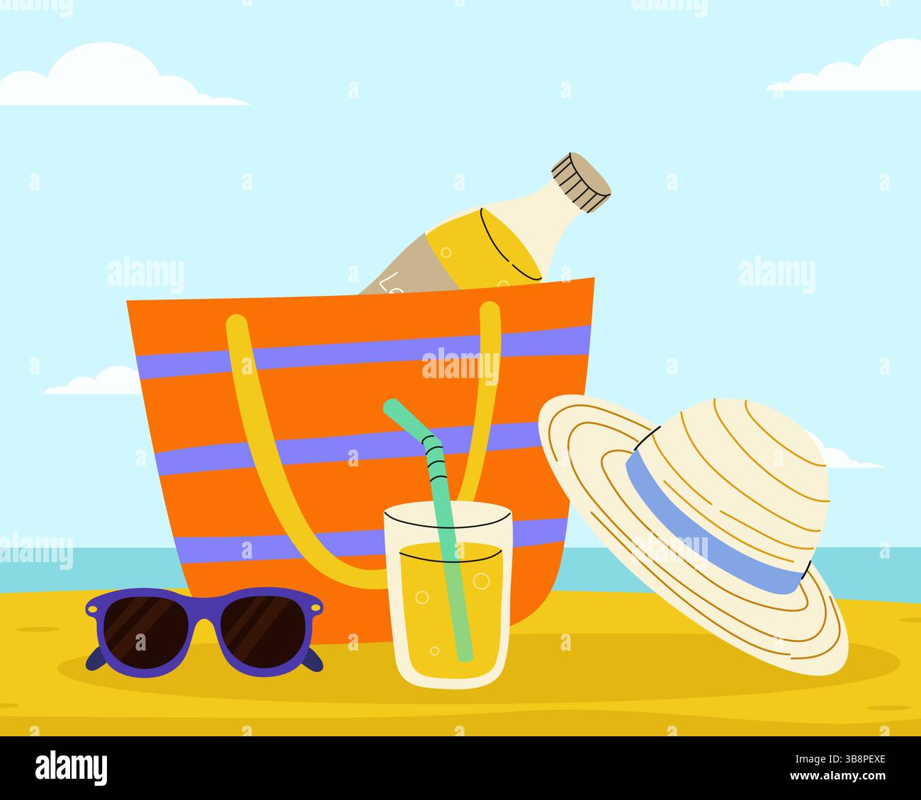 Colorful beach essentials with sunglasses, drink, and hat by the ...