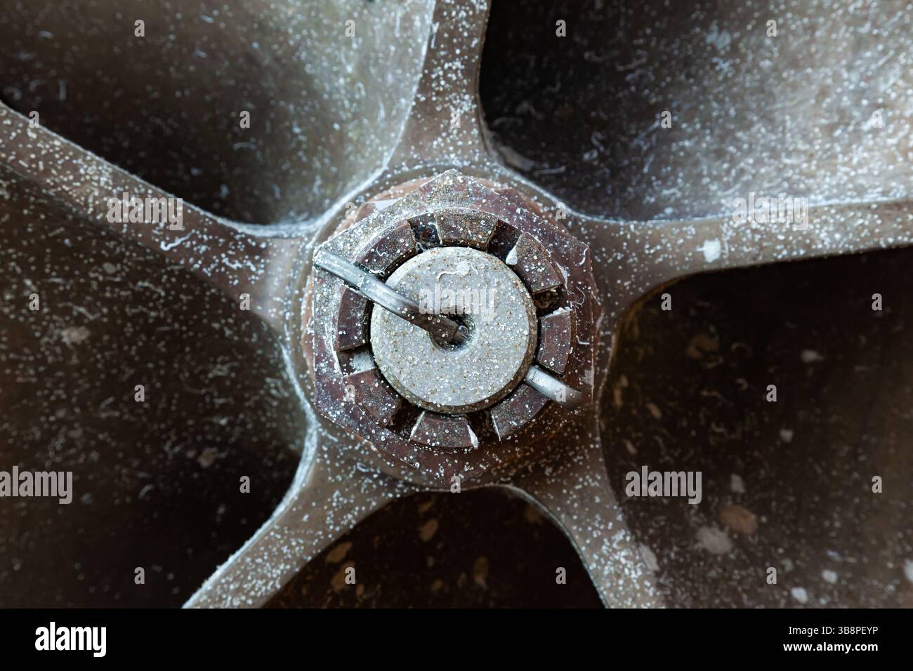 Ship's bronze propeller covered with plaque and corrosion, close-up ...