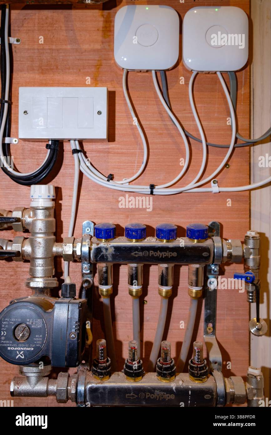 A home heating system with Nest thermostats, a Grundfos pump, and a ...