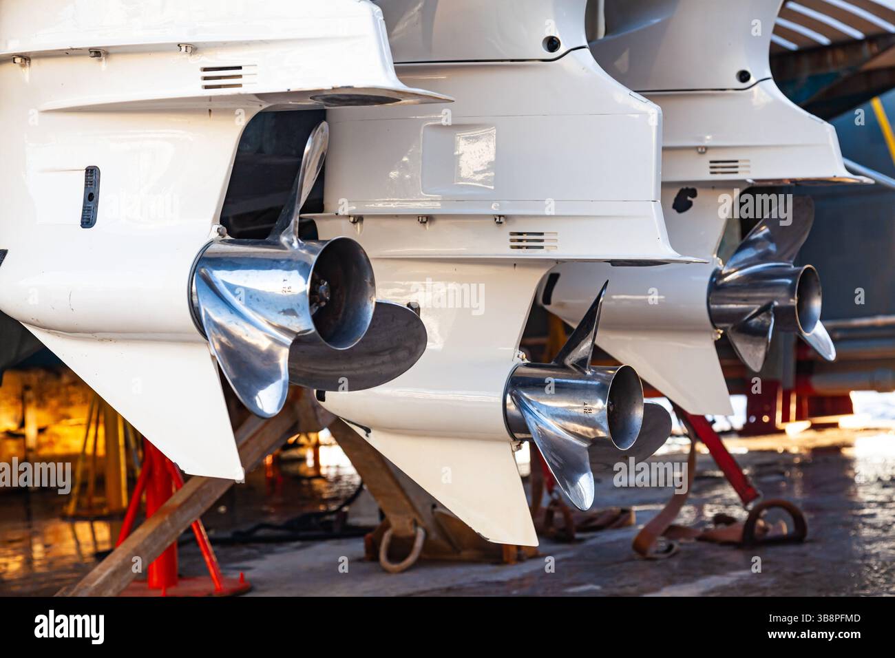 Motor propellers for motor yachts and boats close-up. The motors are ...