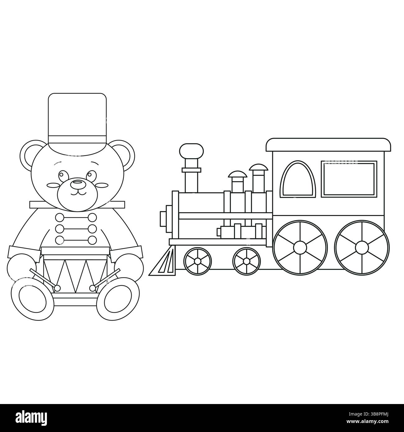 Vector line set with train, teddy Bear with drum. Vector hand draw ...