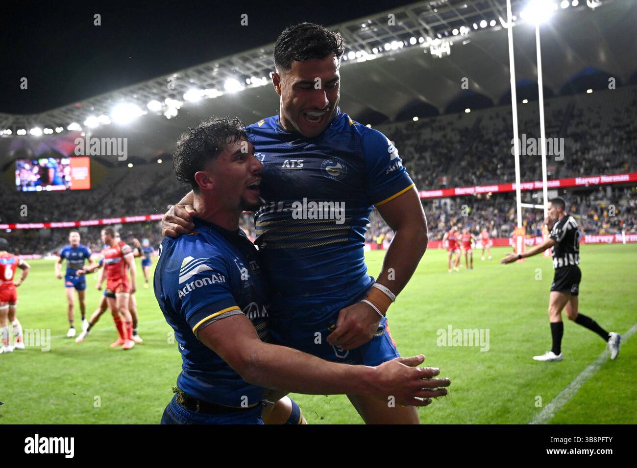 Sydney, Australia. 08th May, 2025. Bailey Simonsson of the Eels (left ...