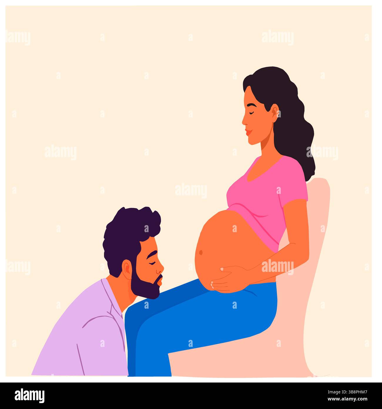 Vector illustration of a tender moment during pregnancy. A man kisses the pregnant belly of his ...
