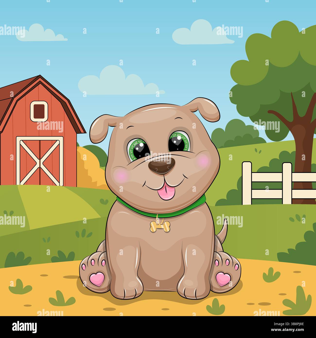 Cute Cartoon Puppy on a Farm with Barn, Fence, Tree and Blue Sky ...