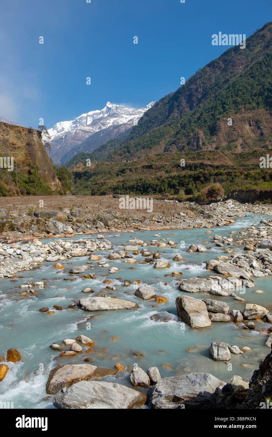 Glacial river flows through the Himalayas, nourishing the landscape ...