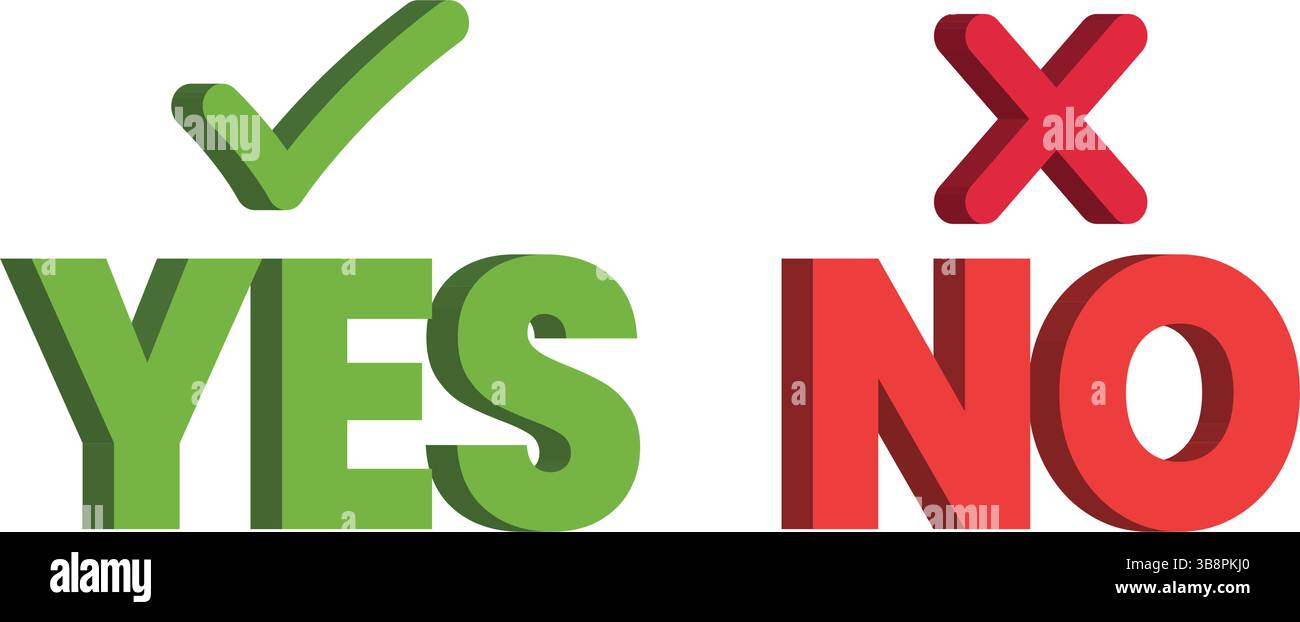 3d yes and no symbols for decision making. Green check and red cross icons showing approval and ...