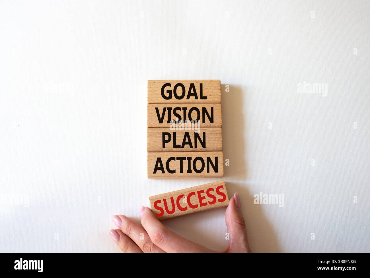 Goal Vision Plan Action Success symbol. Concept words Goal Vision Plan Action Success on wooden ...