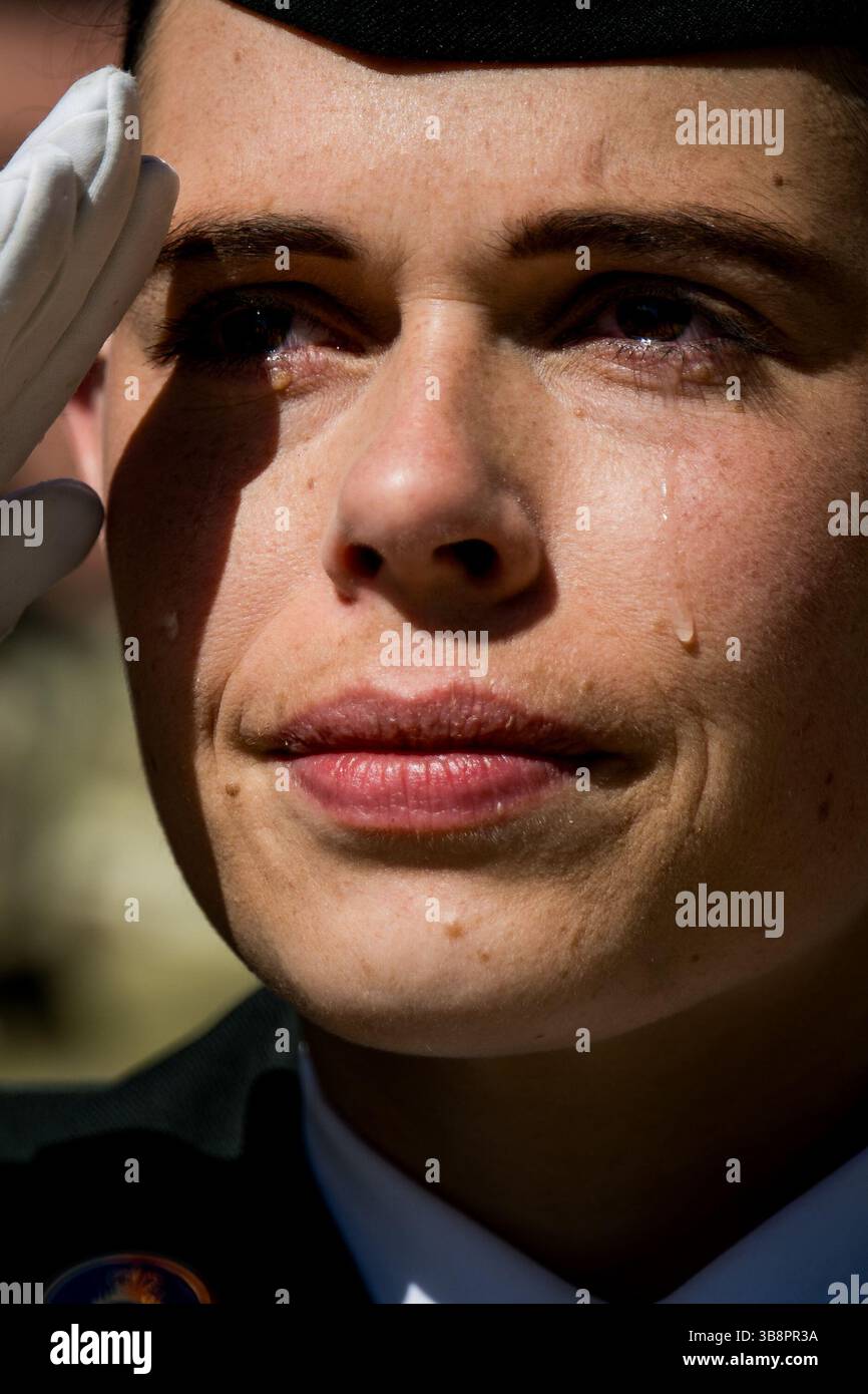 A soldier crying during the commemoration ceremony of the 80th ...