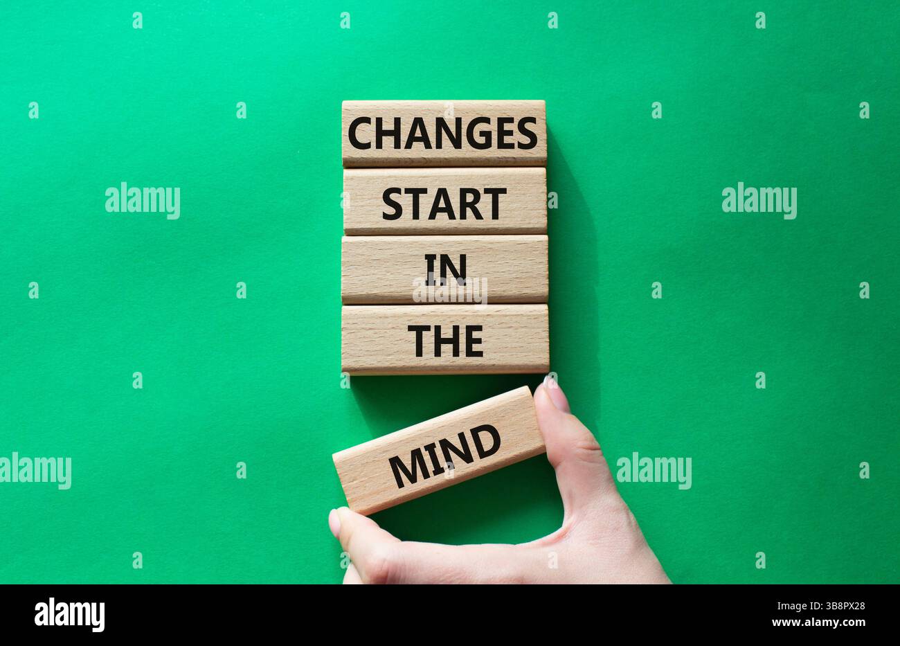 Changes start in the Mind symbol. Wooden blocks with words Changes ...