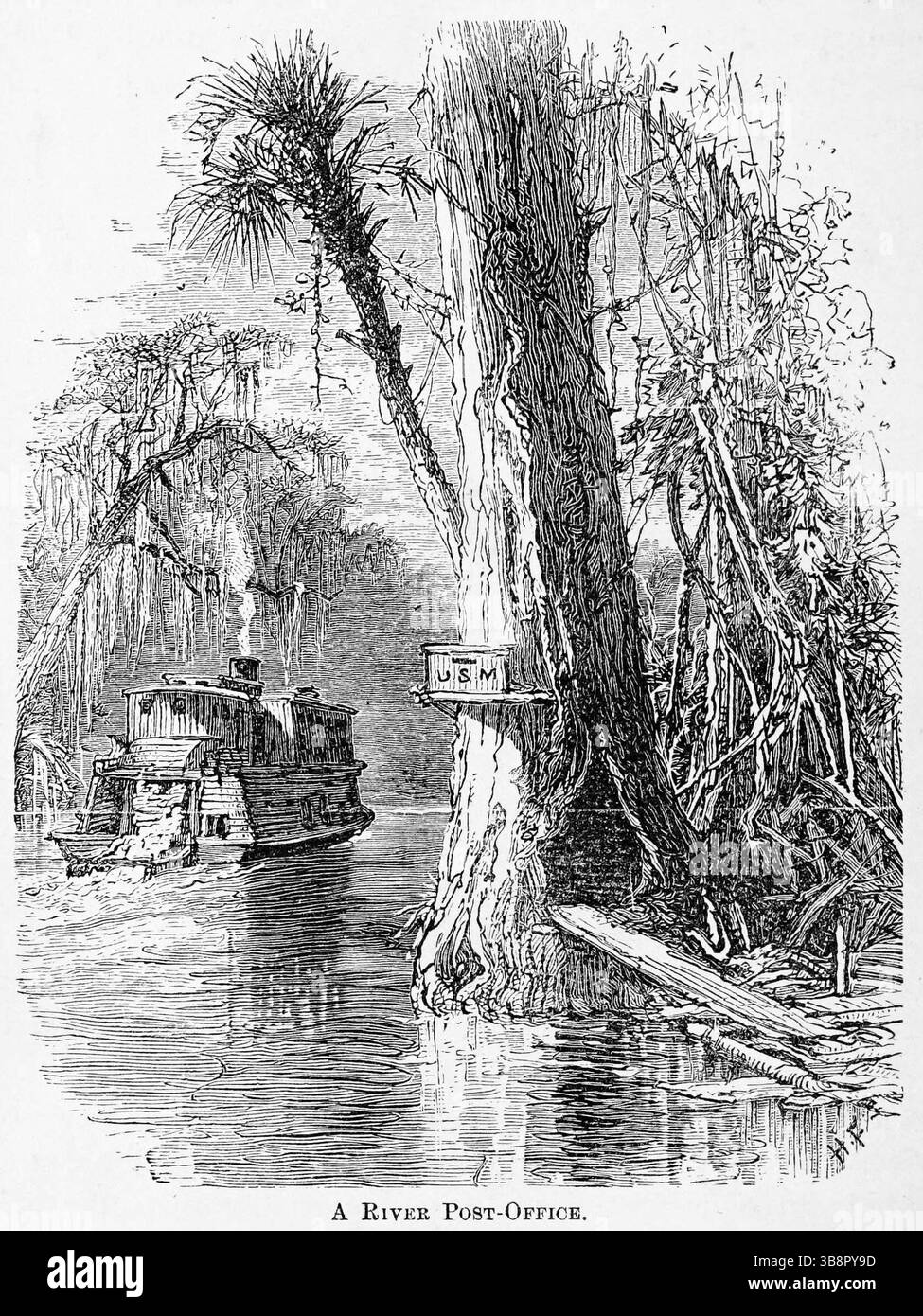 A river post office in Florida. 19th century archival illustration ...