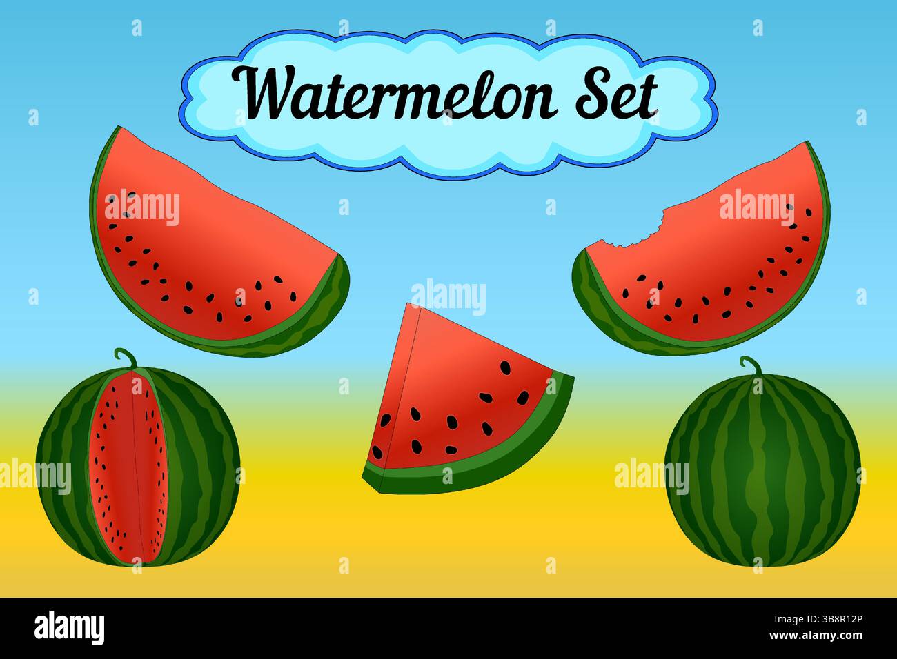 Set of ripe striped watermelon - whole, with cut piece, slices with ...