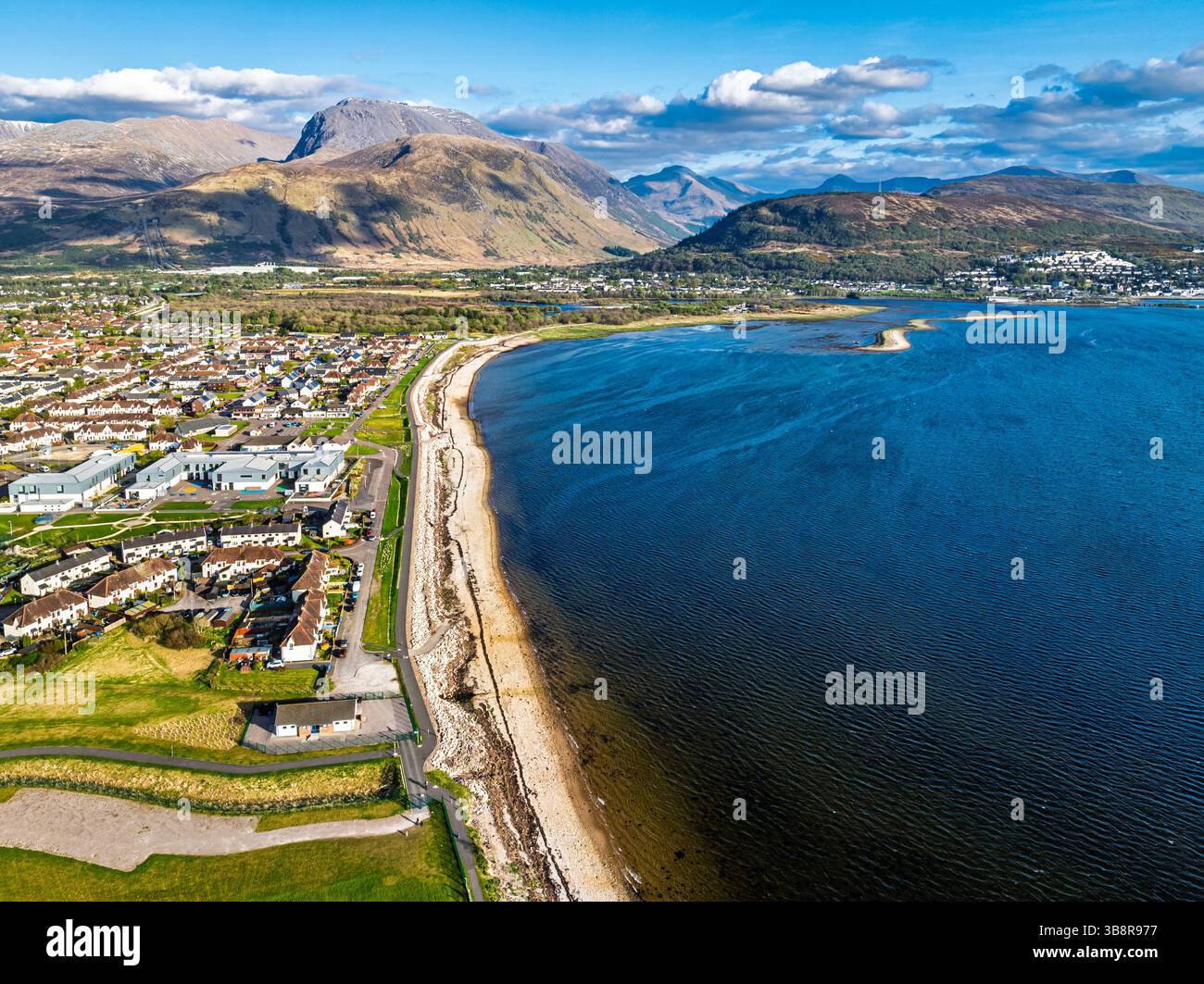 View of Caol Beach and Nevis Range Mountains from a drone, Corpach ...
