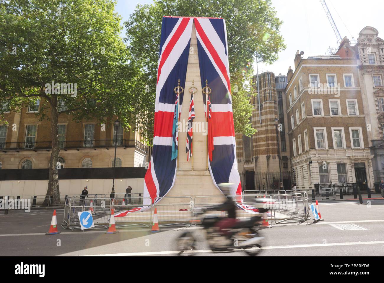 London, UK. 07th May, 2025. The Cenotaph in Whitehall is draped in a ...