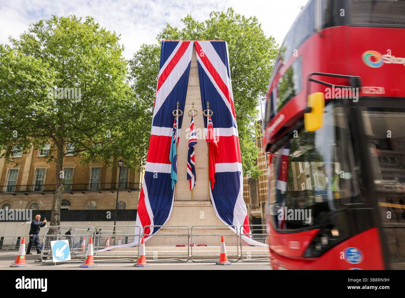 London, UK. 07th May, 2025. The Cenotaph in Whitehall is draped in a ...
