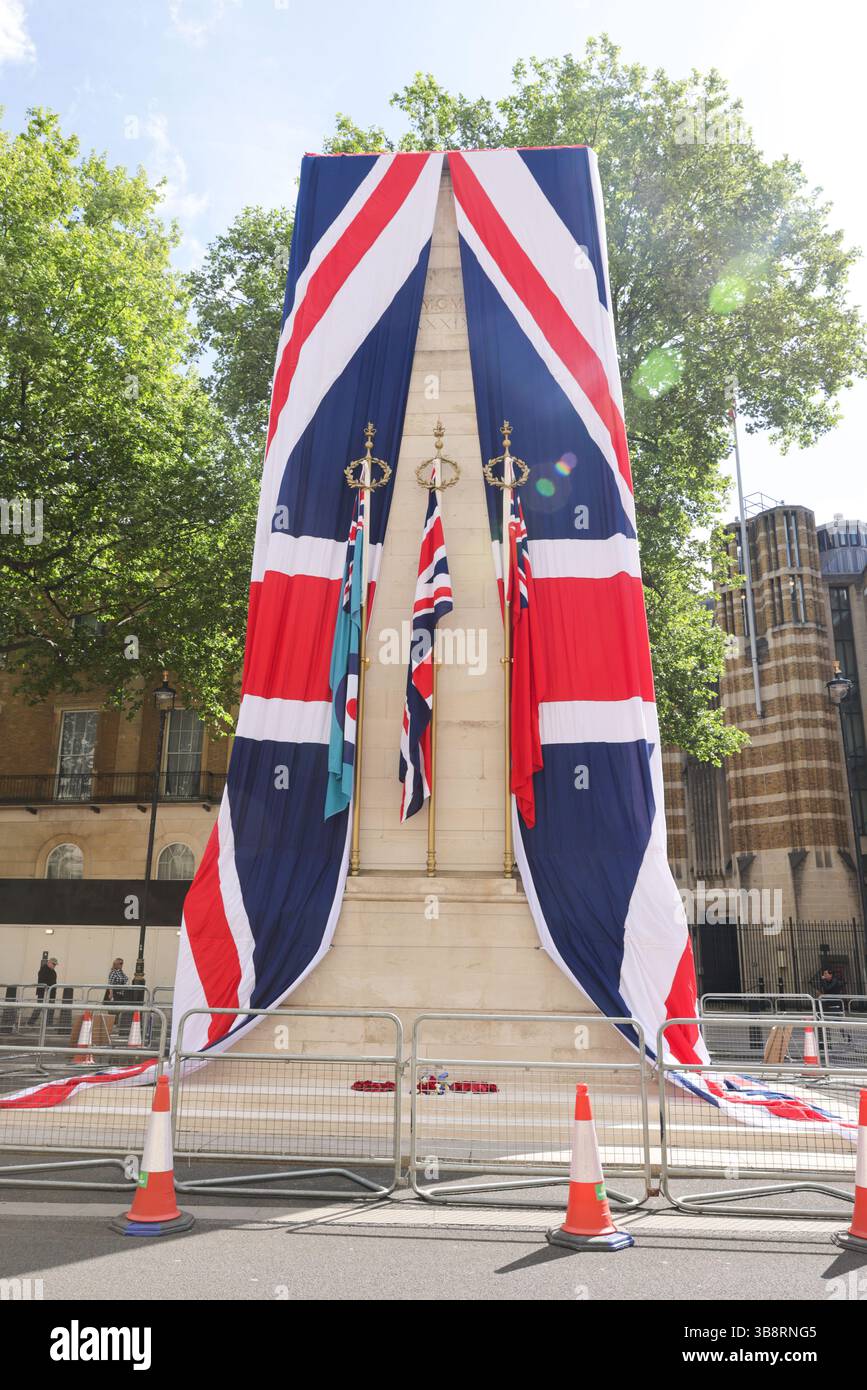 London, UK. 07th May, 2025. The Cenotaph in Whitehall is draped in a ...