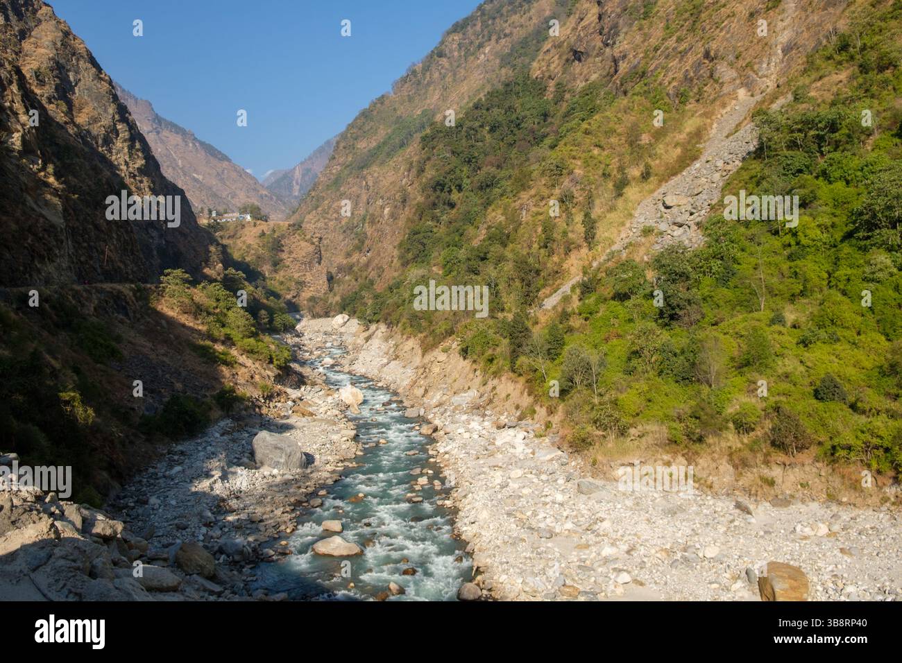 River flows through a valley in Nepal, carving its path through the ...