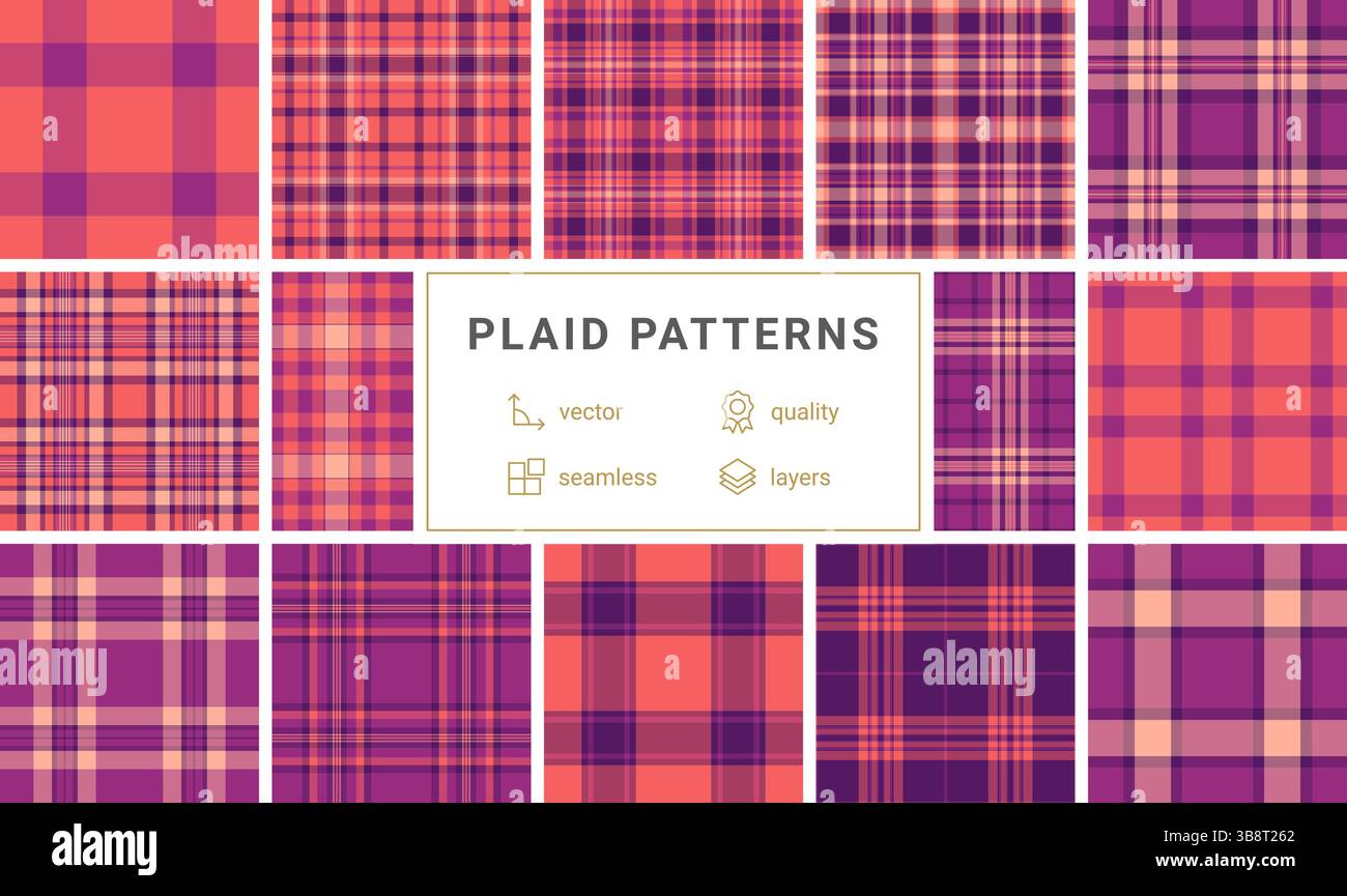 Twelve vibrant plaid patterns in coral and purple hues. Seamless vector ...