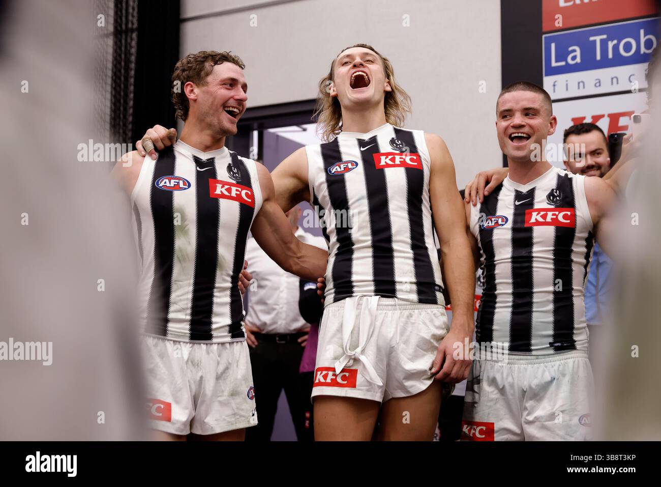 Perth, Australia. 08th May, 2025. Magpies players sing their club song ...