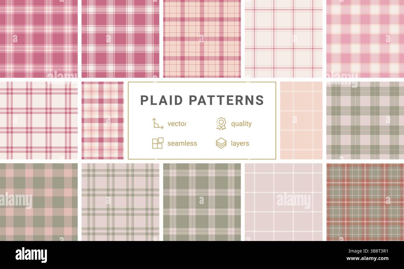 Collection of 12 seamless plaid patterns in soft pink, rose, and sage green. Perfect for textile ...
