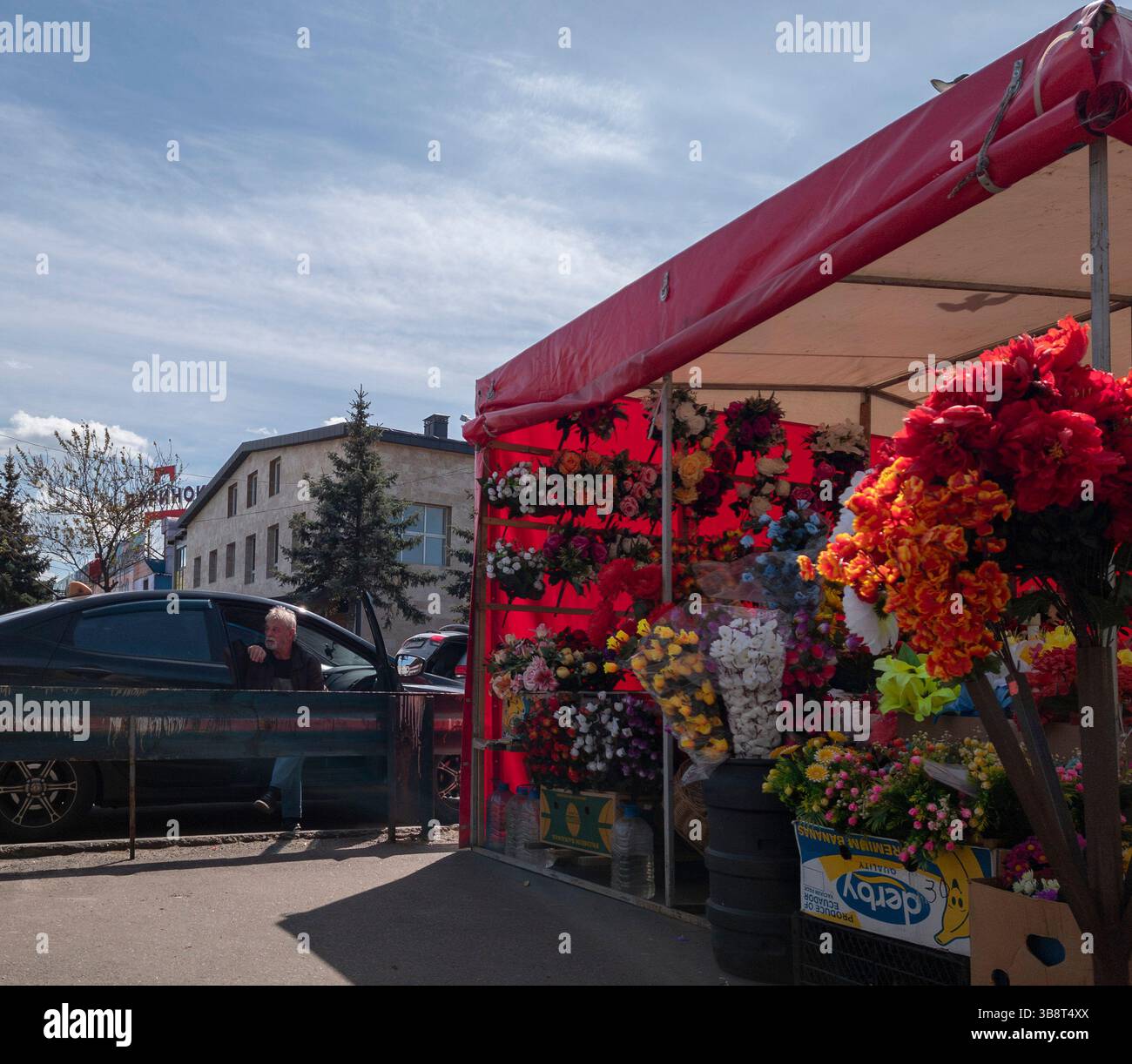 Kyiv, Ukraine - 1st May, 2025. A bustling street market is alive with ...