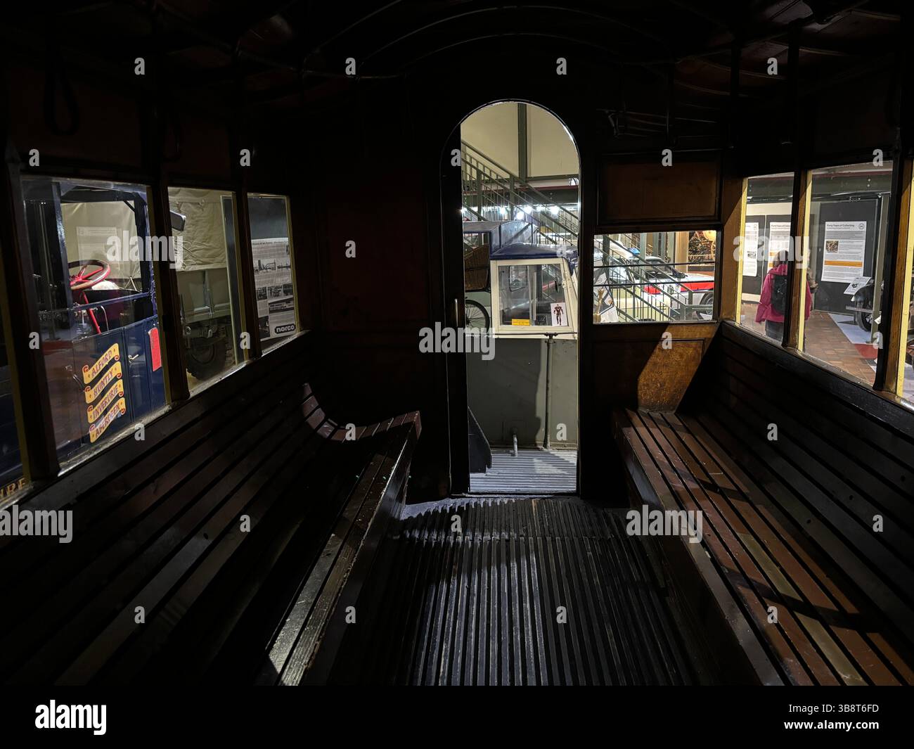 Interior view of a vintage tram. Wood trim, seats and fittings Vintage ...