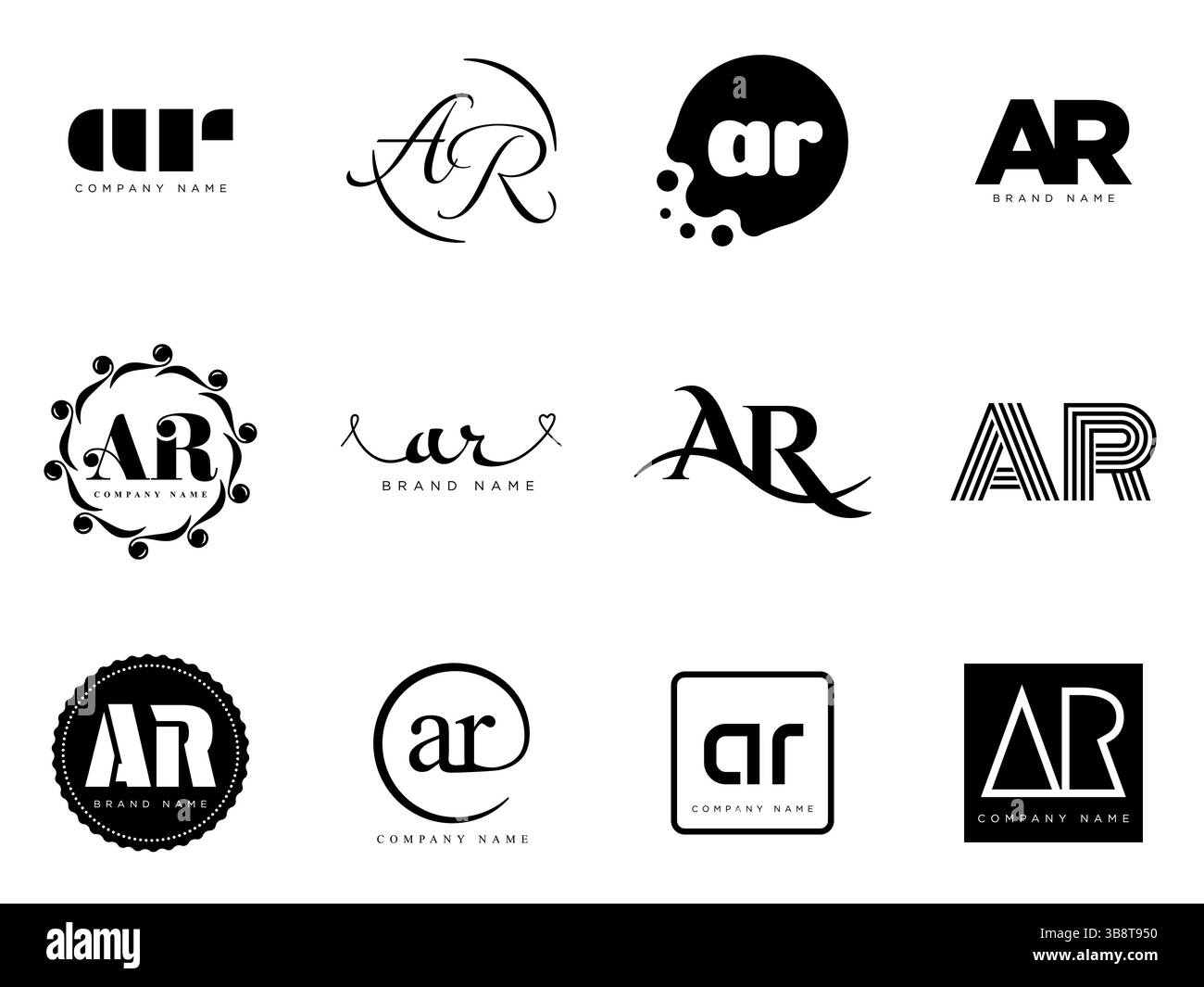AR logo company template. Letter a and r logotype. Set different ...