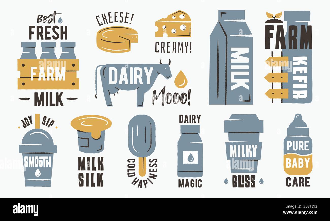 Dairy logo. Large set of dairy and milk product trendy minimal icons ...