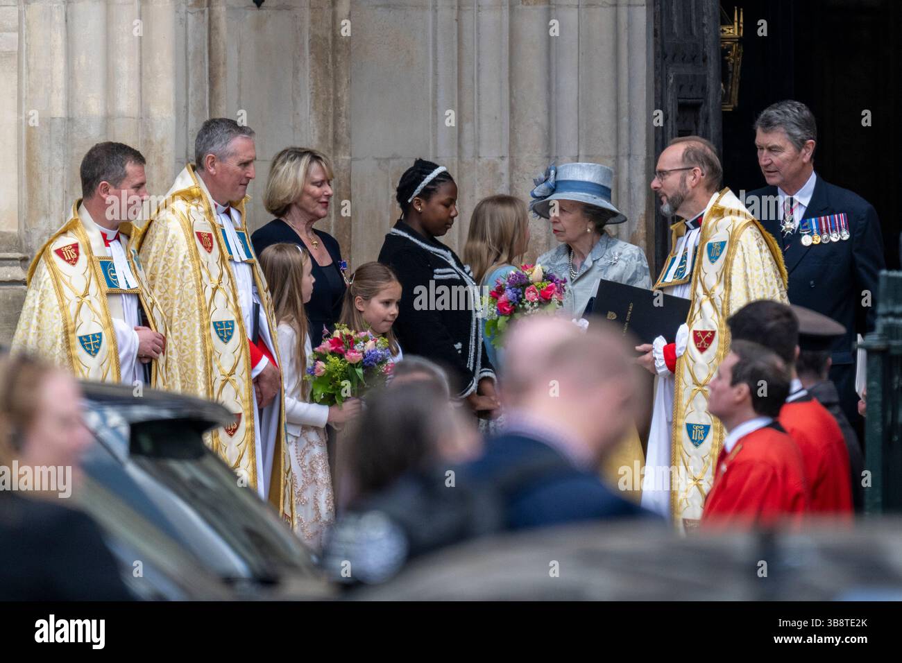 London, UK. 8 May 2025. Princess Anne and Vice Admiral Sir Tim Lawrence leave The VE Day 80 ...