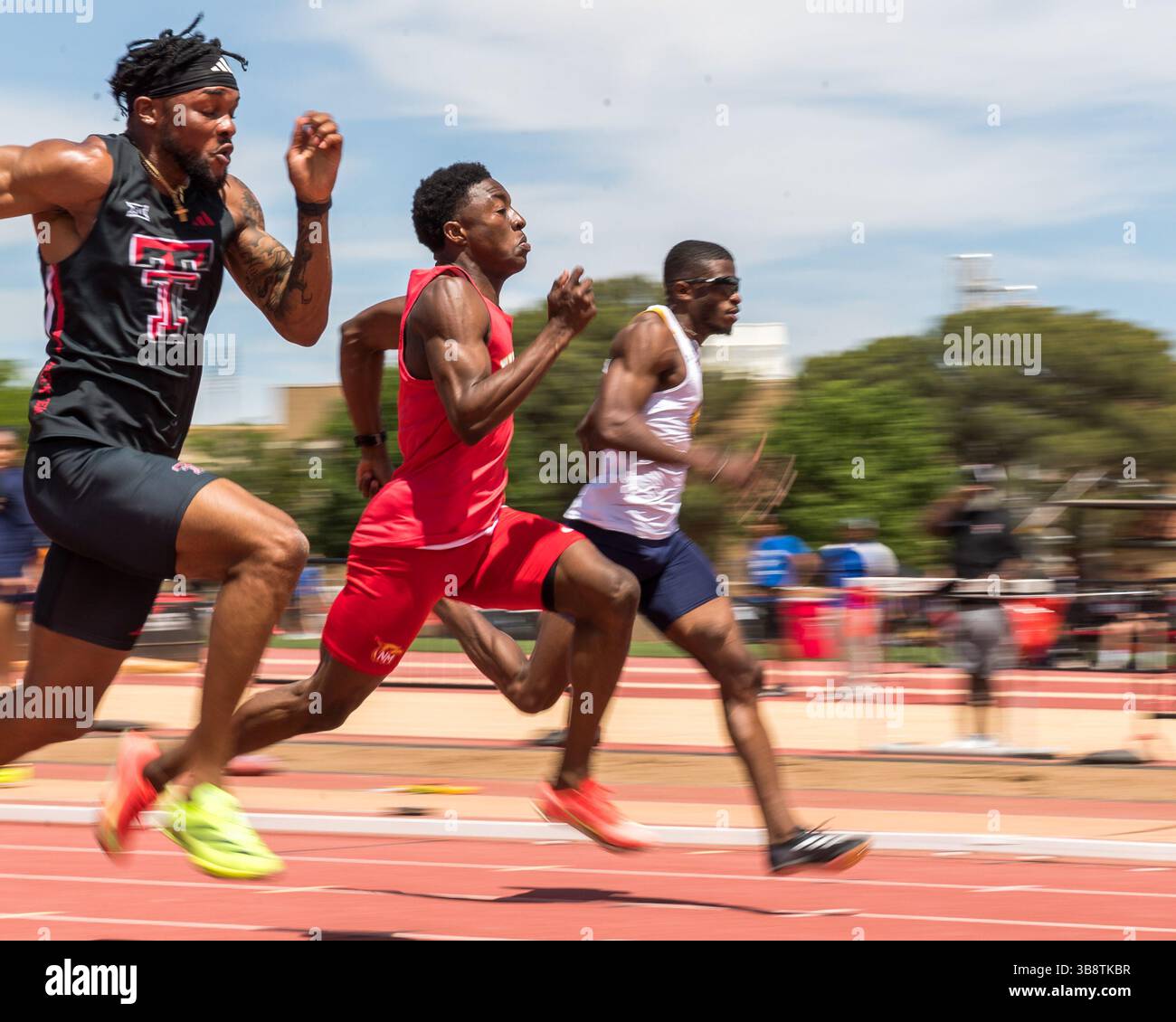 May 1, 2025: Athletes compete in the men's 100-meter dash during the ...