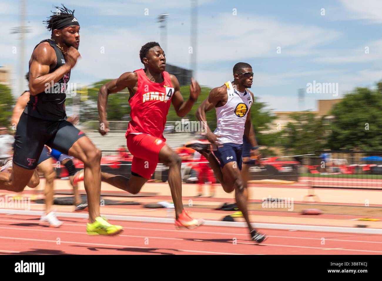 May 1, 2025: Athletes compete in the men's 100-meter dash during the ...
