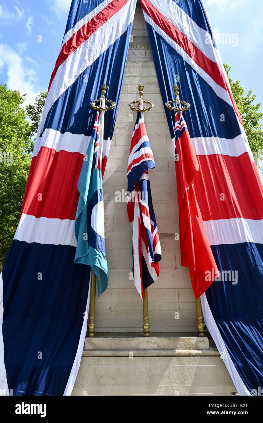 London, UK. The Cenotaph in Whitehall draped in a giant Union flag for ...
