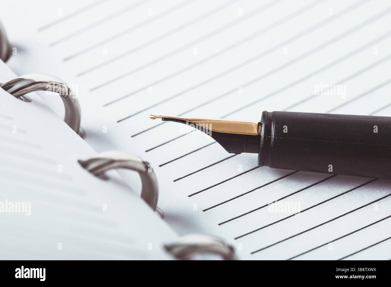 Metal feather pen on the ruled paper in the notebook Stock Photo - Alamy