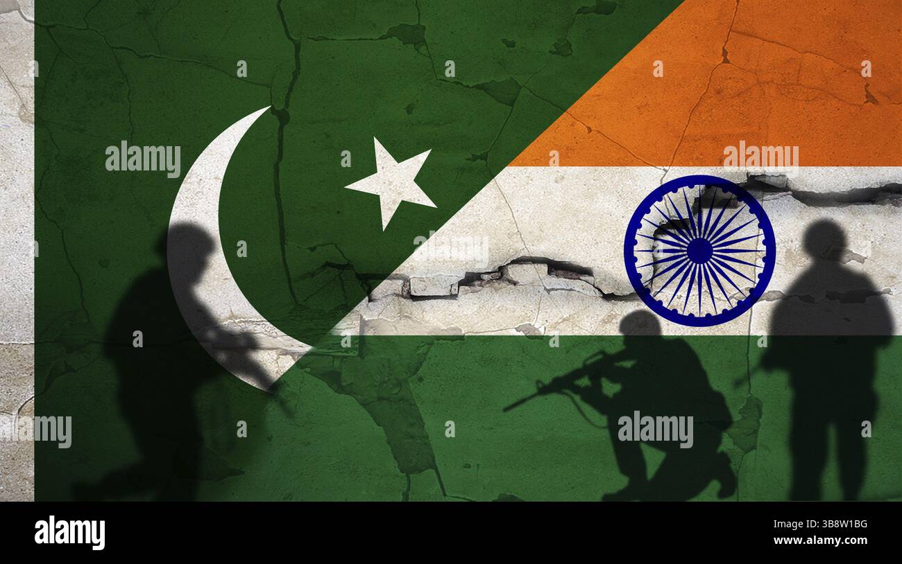 Pakistan vs India flag on cracked wall. Conflict between India and ...