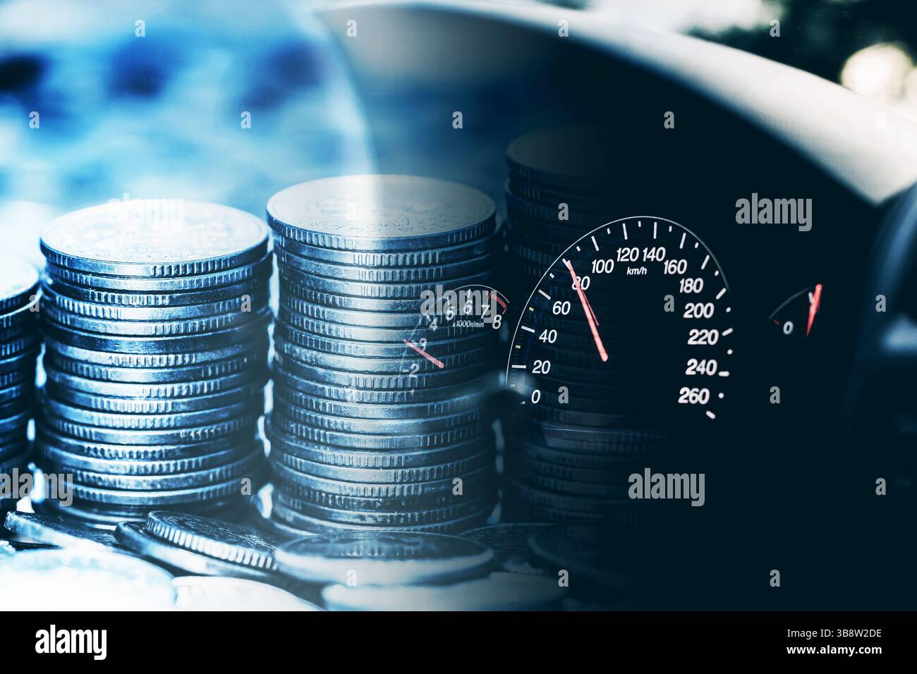 Petrol prices background. Rising cost of transport. Metal coins cash ...
