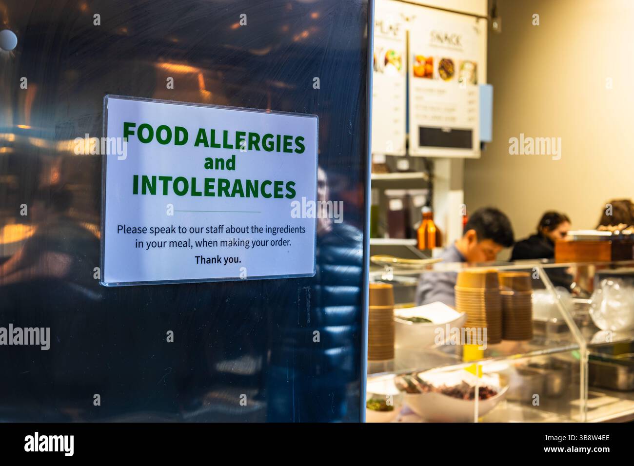 Food Allergy and Intolerance Warning Sign on Restaurant Kitchen Window ...