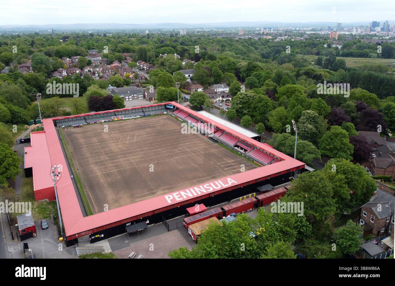 A view taken from a drone camera of the soil bed being preapred for a new turf pitch ready for ...