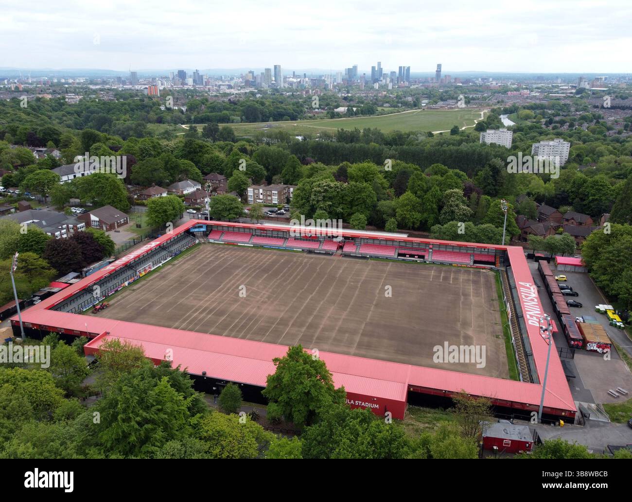 A view taken from a drone camera of the soil bed being preapred for a new turf pitch ready for ...