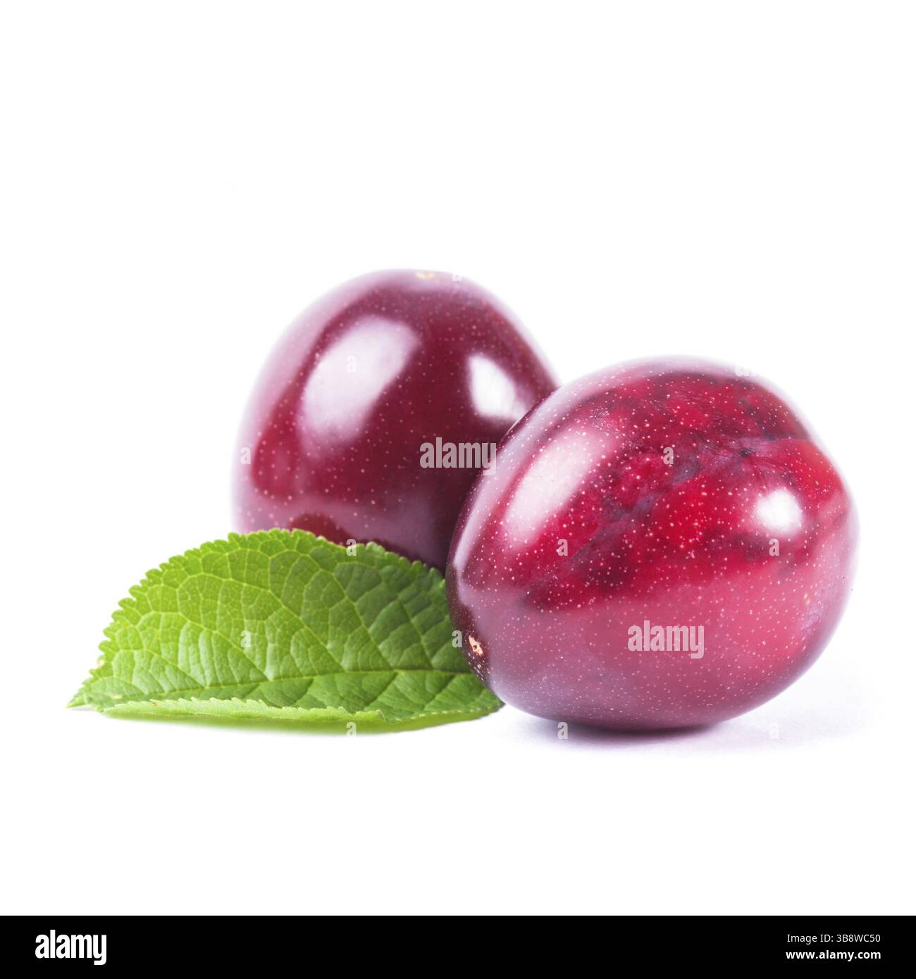 Two purple plums with leaves isolated on white Stock Photo - Alamy