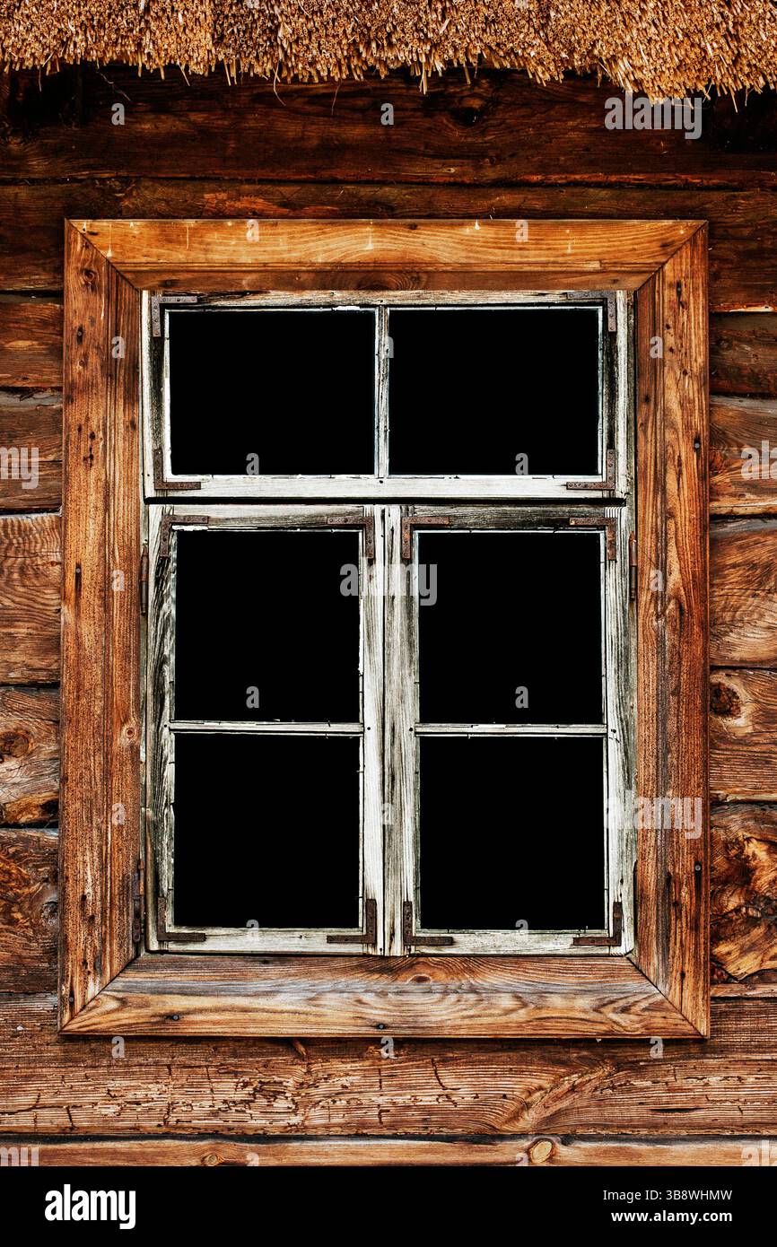 Rustic wooden window frame. Traditional log cabin architecture. Empty ...