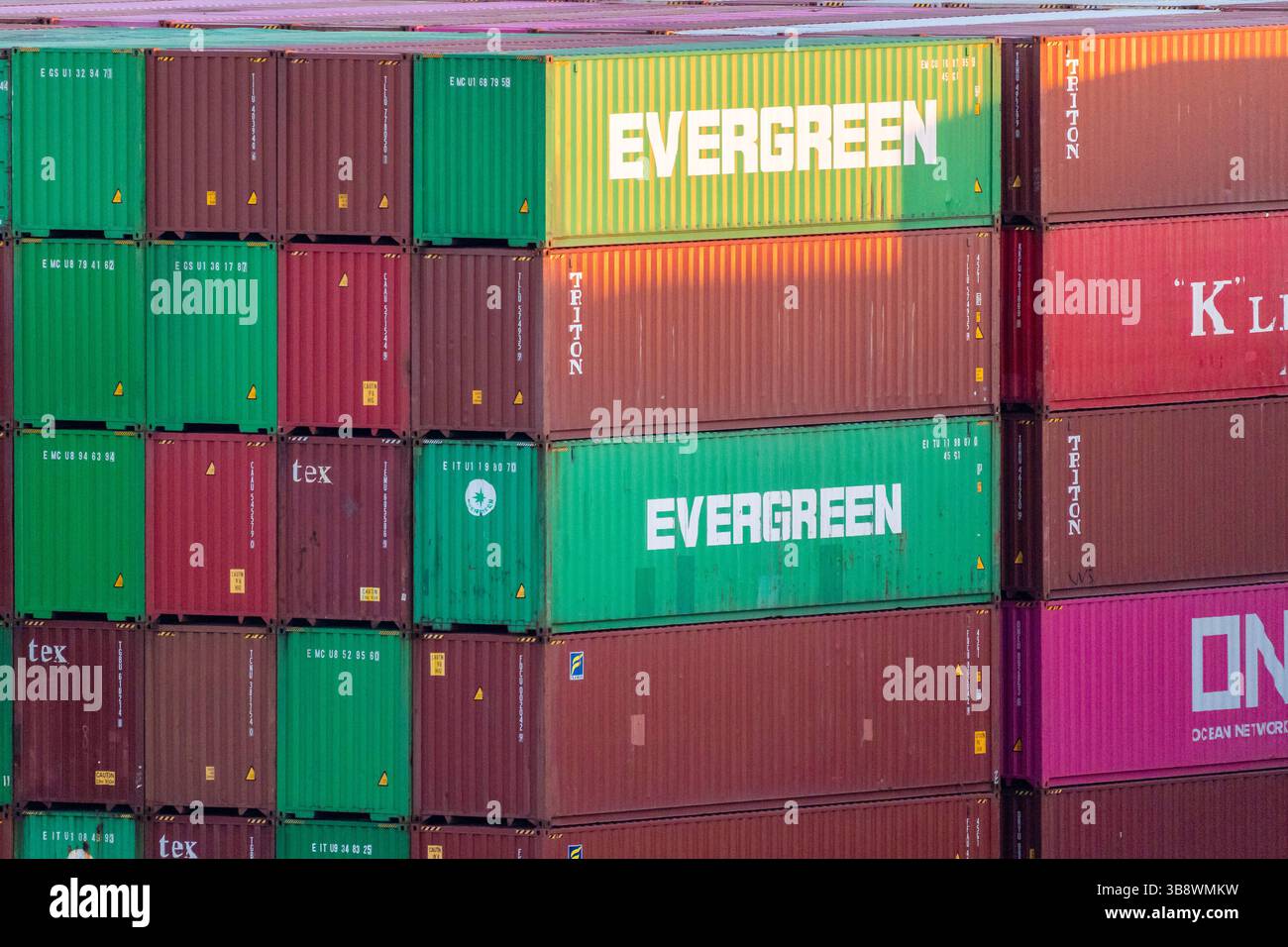Hamburg, Germany - April 27, 2025: Piled up containers of the Evergreen ...